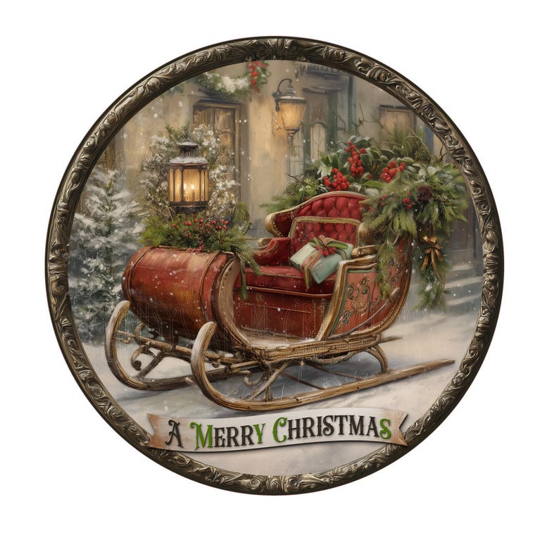 Victorian Style Sleigh Merry Christmas Wreath Sign, Metal Wreath Sign ...