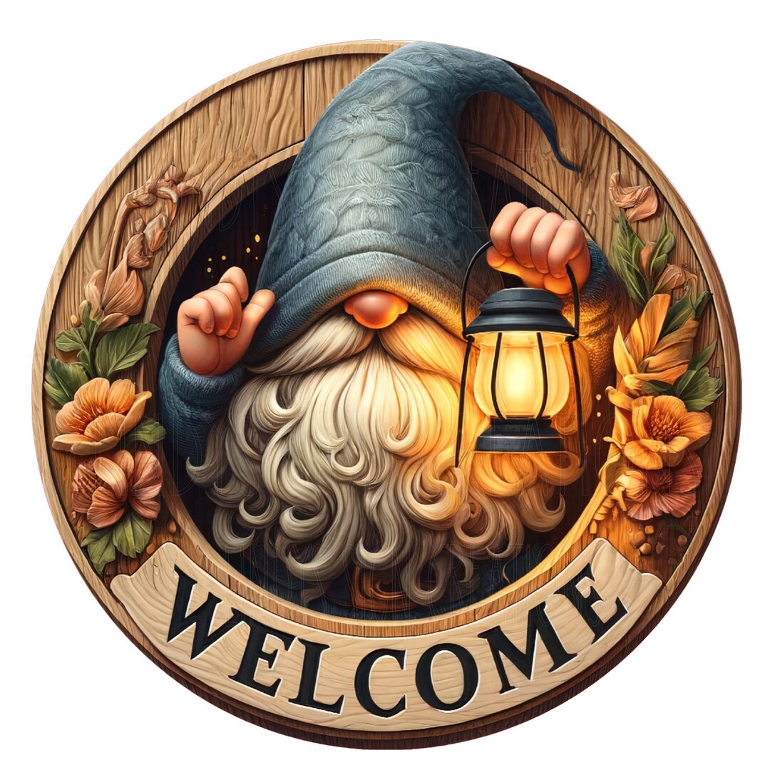 Welcome Gnome With Lantern Wreath Sign, Metal Wreath Sign, Round Wreath ...
