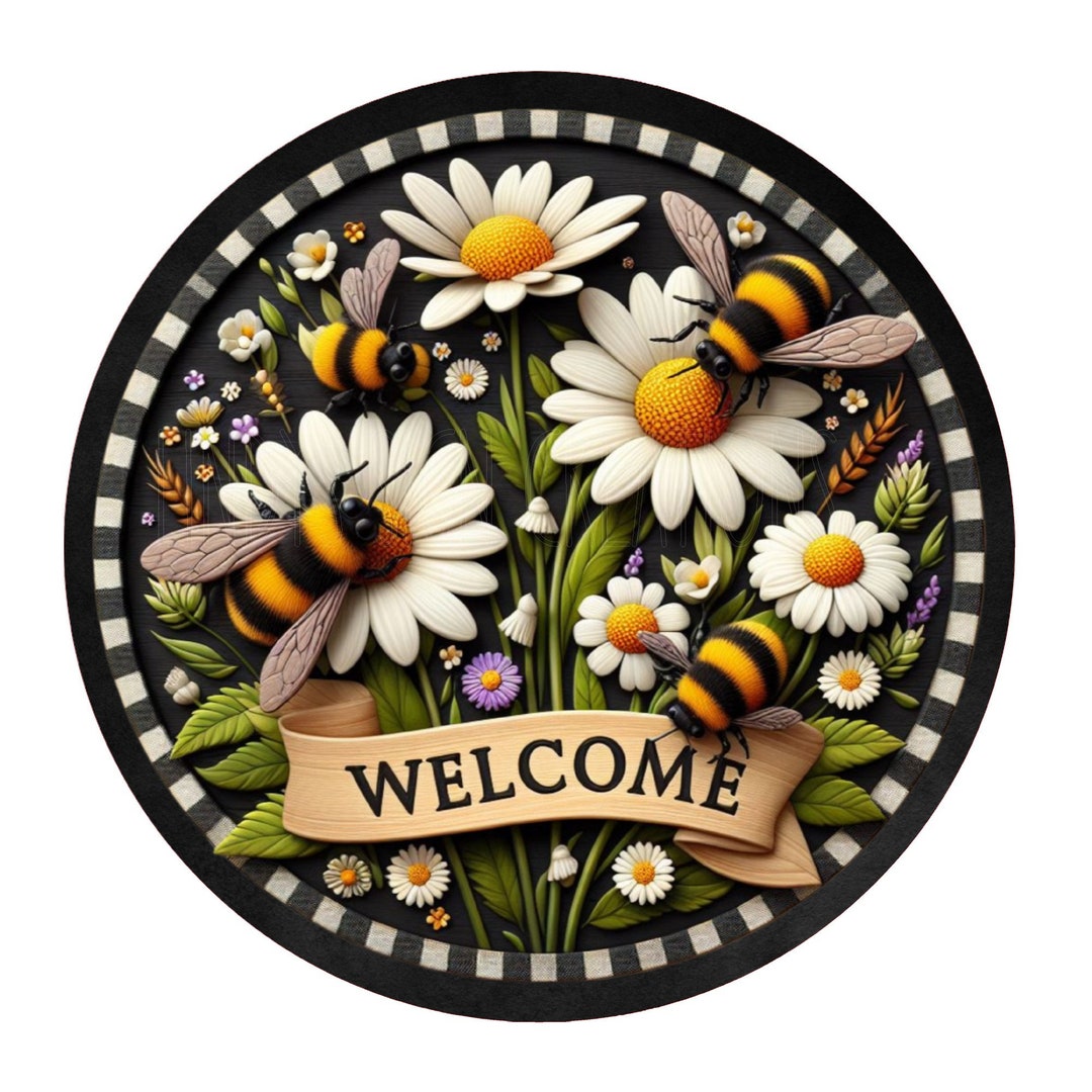 Welcome Sign With Bees and Daisy Flowers Wreath Sign, Metal Wreath Sign ...