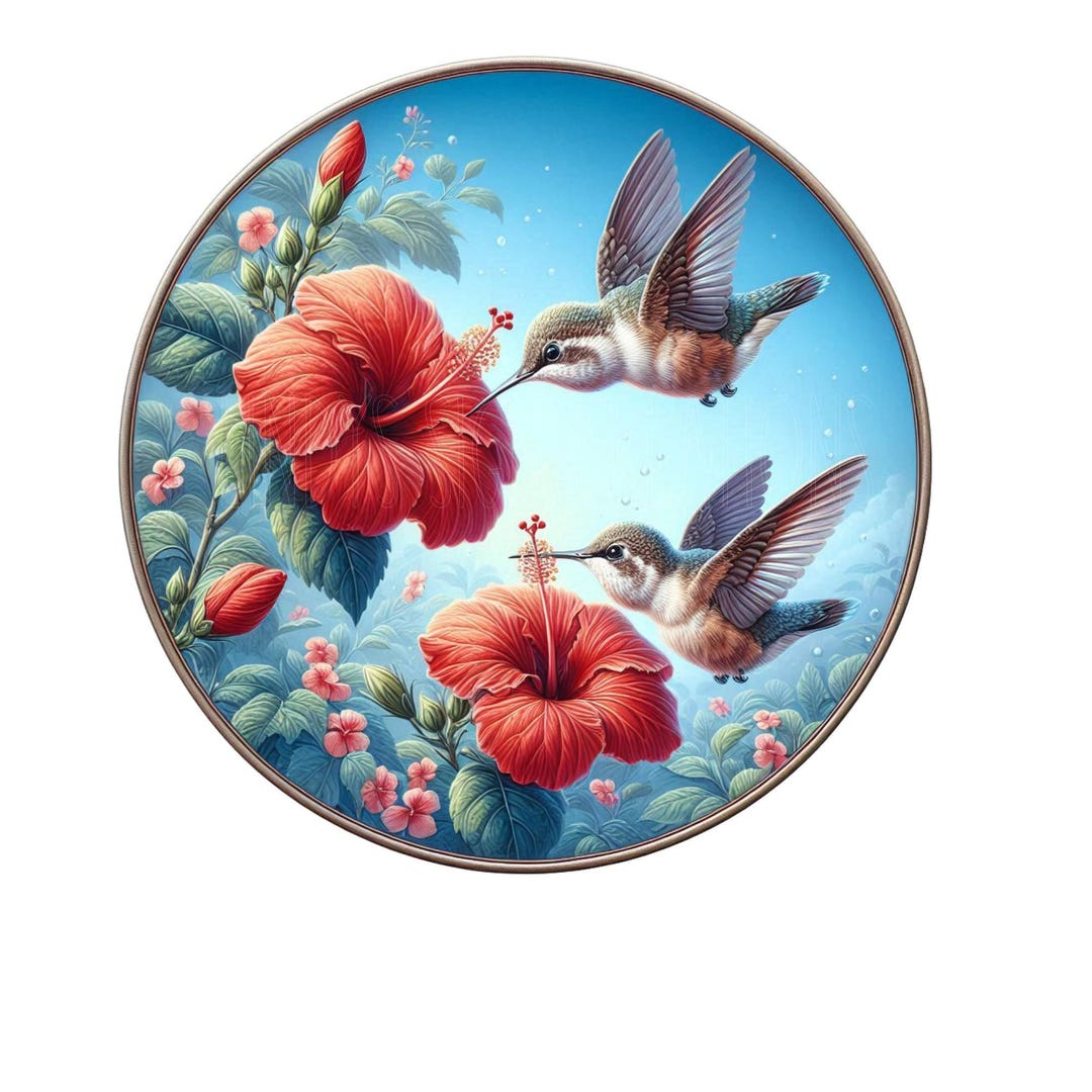 Hummingbirds With Red Flowers Wreath Sign, Metal Wreath Sign, Round ...