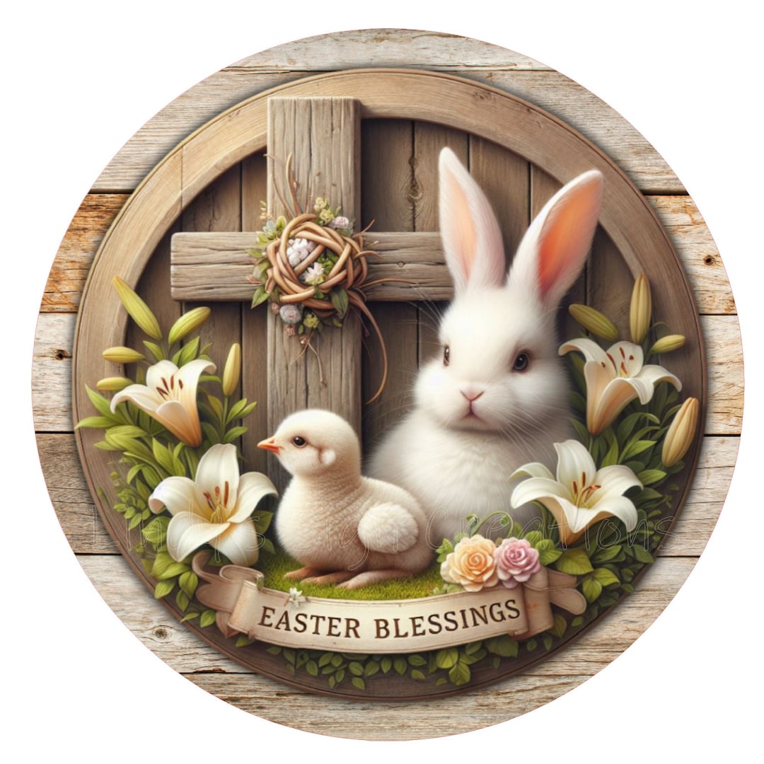 Bunny and Cross Easter Blessings Wreath Sign, Round Wreath Sign, Metal ...