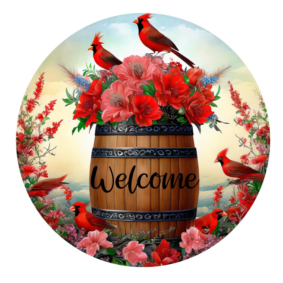 Cardinals on Barrel Welcome Wreath Sign, Metal Wreath Sign, Round ...