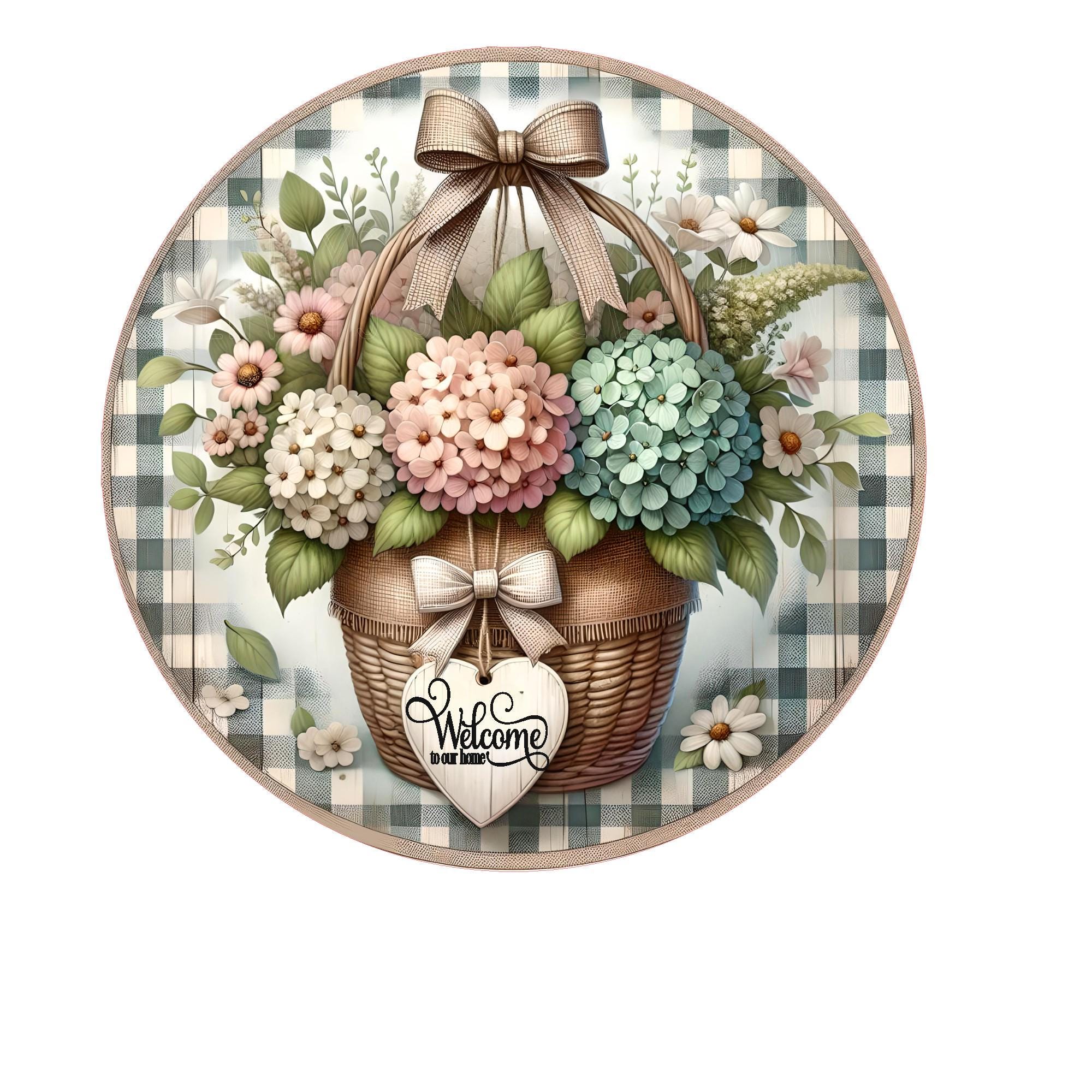 Hydrangeas and Wildflowers Welcome to Our Home Wreath Sign, Metal ...