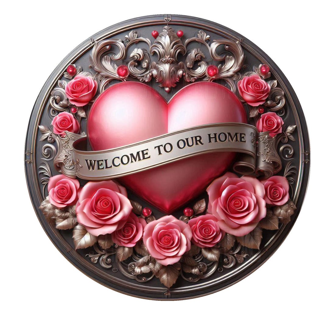Heart Welcome to Our Home Wreath Sign, Metal Wreath Sign, Round Wreath ...
