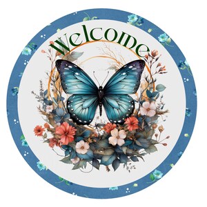 Blue Butterfly Welcome Wreath Sign, Metal Wreath Sign, Round Wreath ...