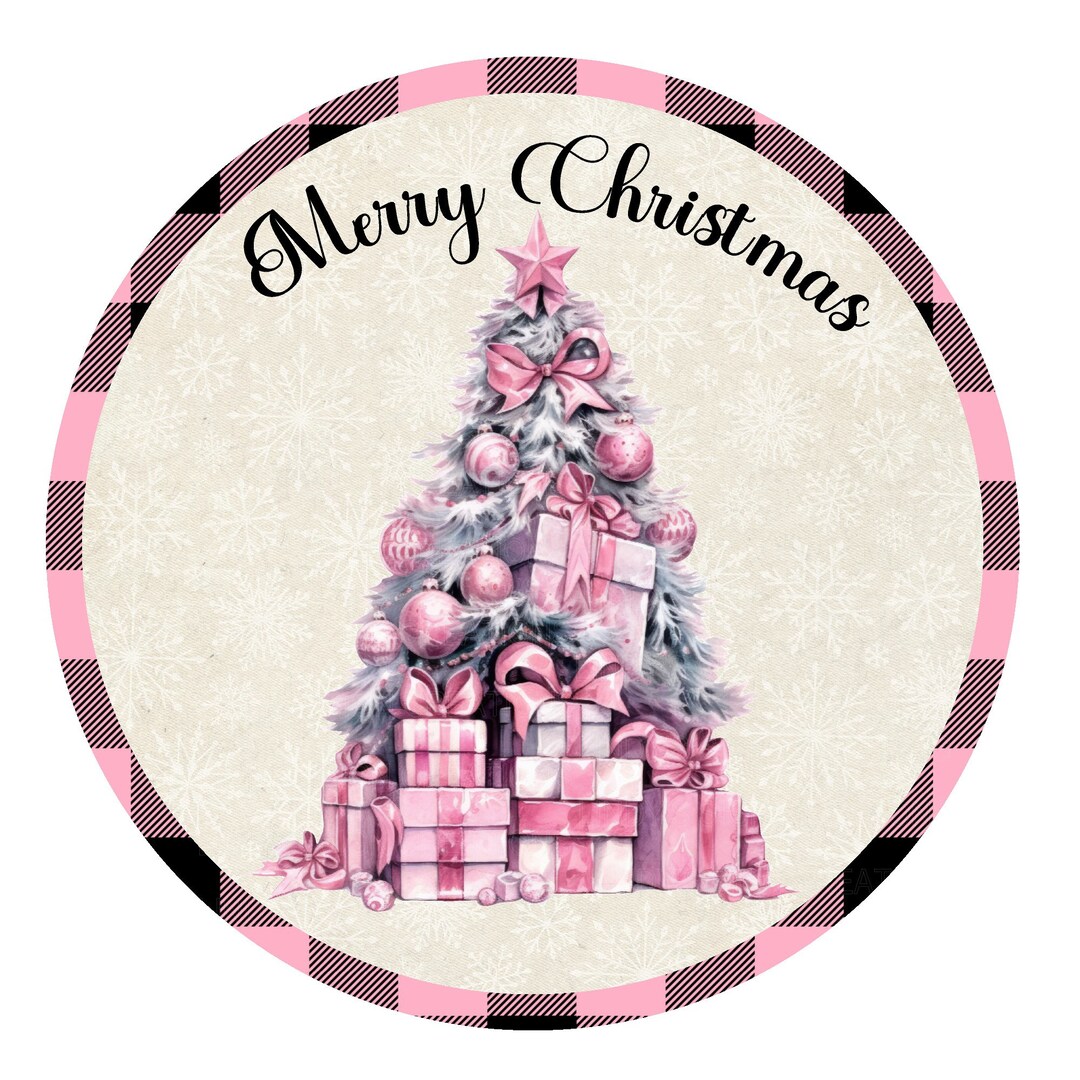 Pink Merry Christmas Tree Wreath Sign, Metal Wreath Sign, Round Wreath ...