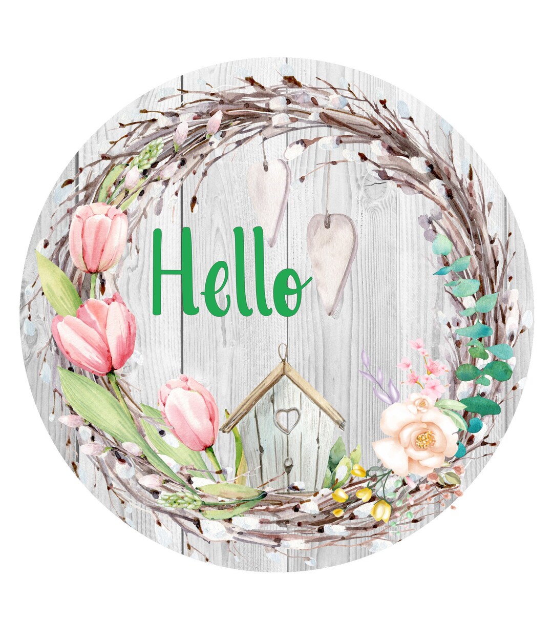 Hello Round Floral Wreath Sign, Wreath Attachment, Metal Sign, Door ...