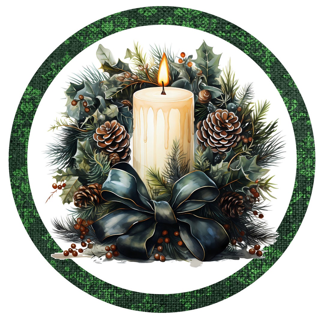 Winter Candle and Greenery Wreath Sign, Metal Wreath Sign, Christmas ...