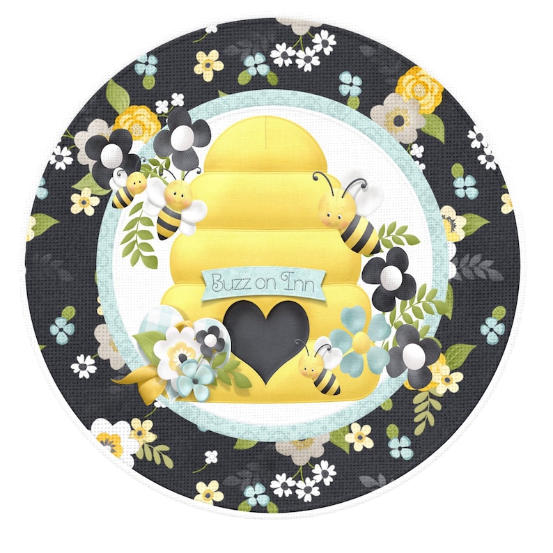 Round Wreath Sign Buzz on Inn, Bee Hive Wreath Attachment, Metal Sign ...