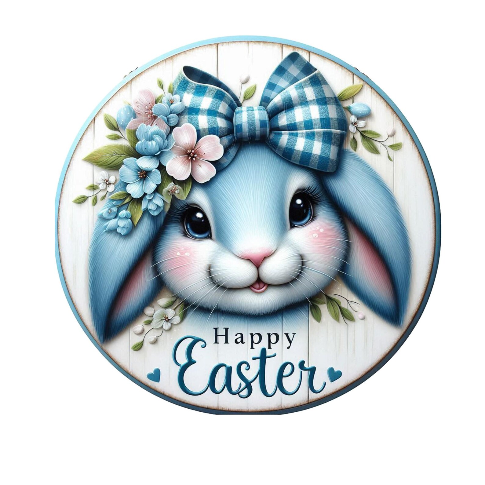 Blue Happy Easter Bunny With Pink and Blue Flowers Wreath Sign, Metal ...