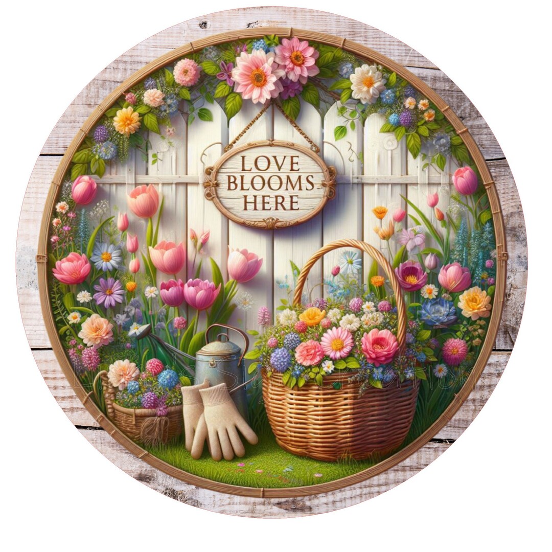 Love Blooms Here Floral Wreath Sign, Metal Wreath Sign, Round Wreath ...