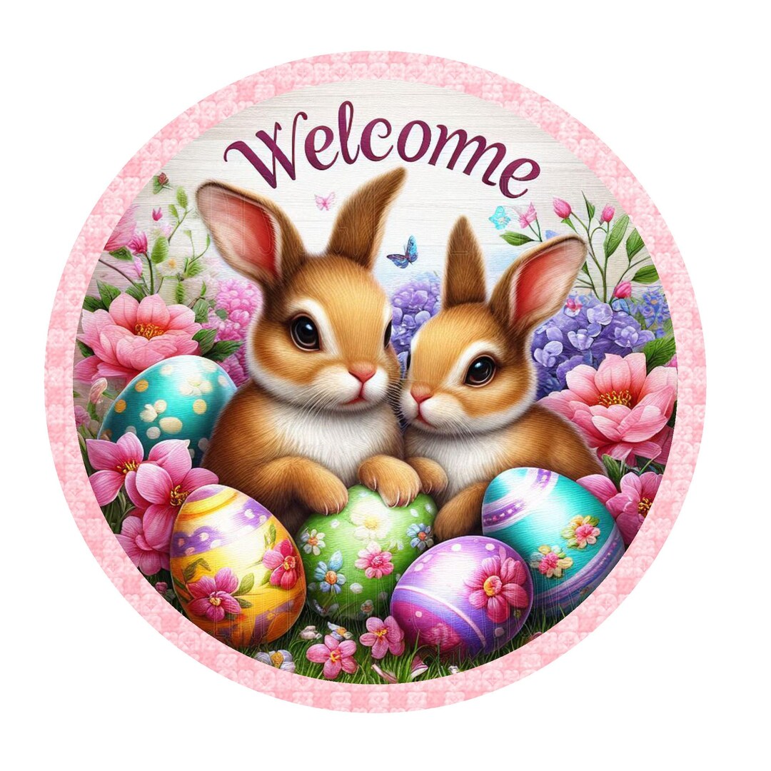Easter Bunnies Welcome Wreath Sign, Metal Wreath Sign, Round Wreath ...