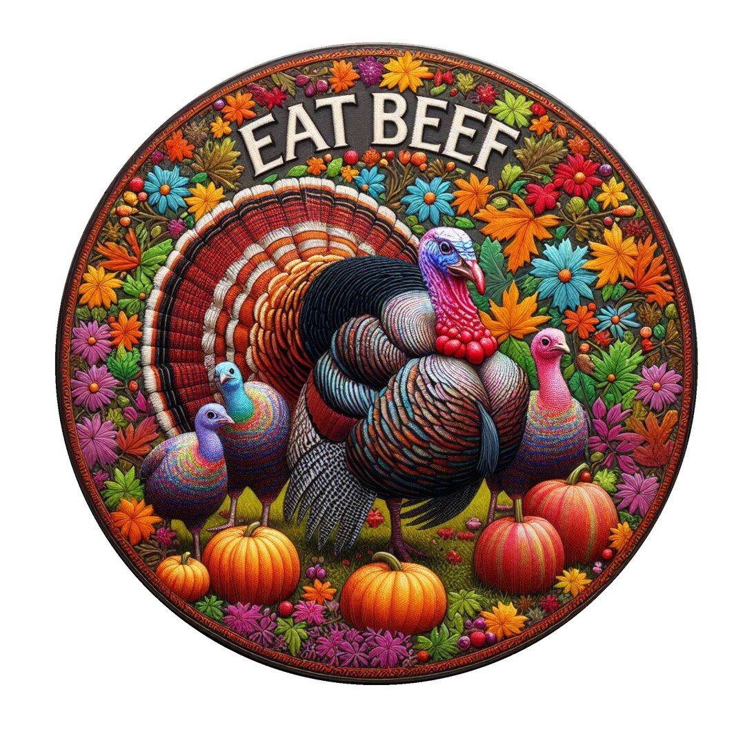 Turkey Eat Beef Thanksgiving Wreath Sign, Metal Wreath Sign, Round ...