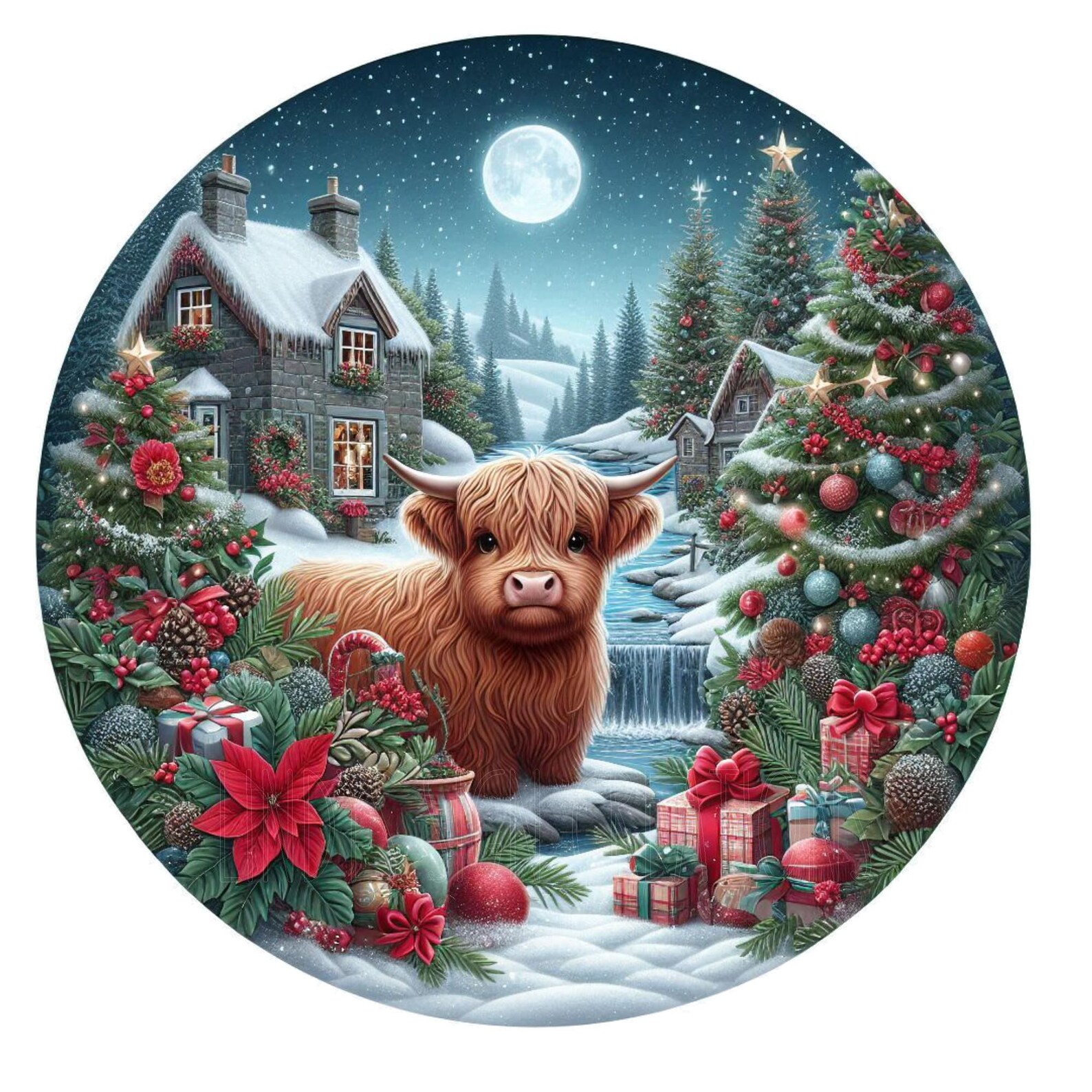 Highland Cow at Christmas Wreath Sign, Metal Wreath Sign, Round Wreath ...