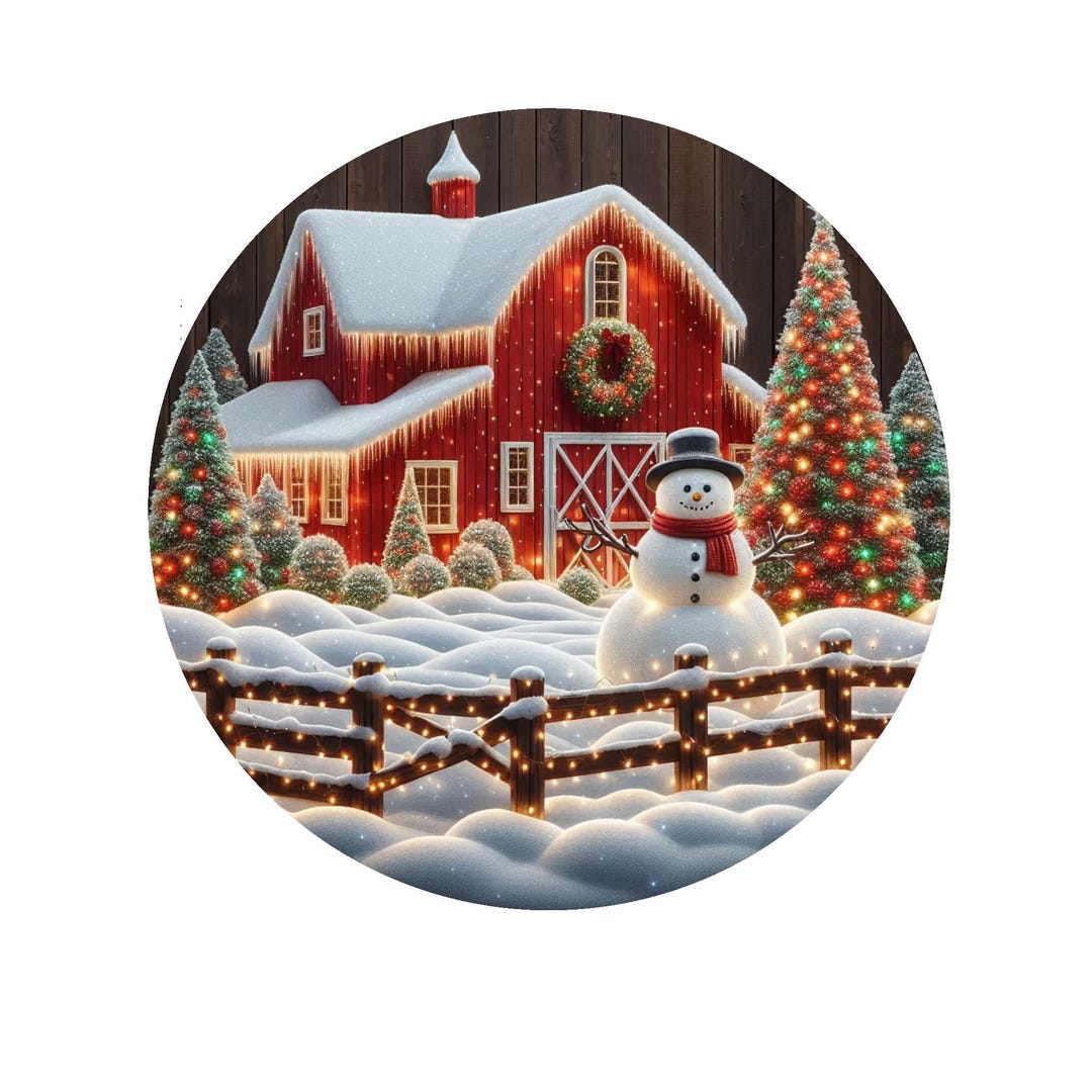 Red Christmas Barn With Snowman Wreath Sign, Metal Wreath Sign, Round ...