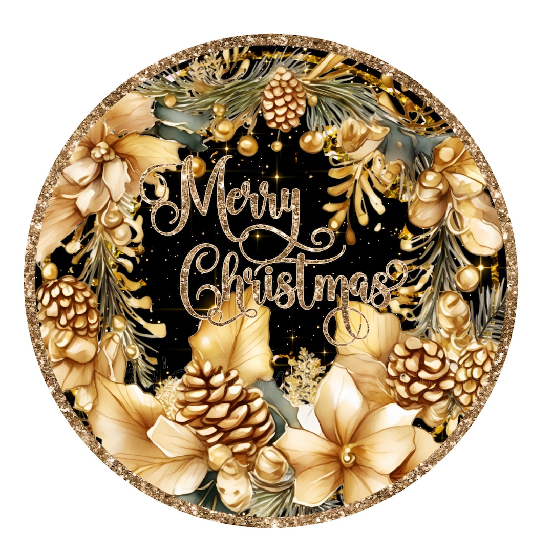 Gold Merry Christmas Wreath Sign, Metal Wreath Sign, Round Wreath Sign ...