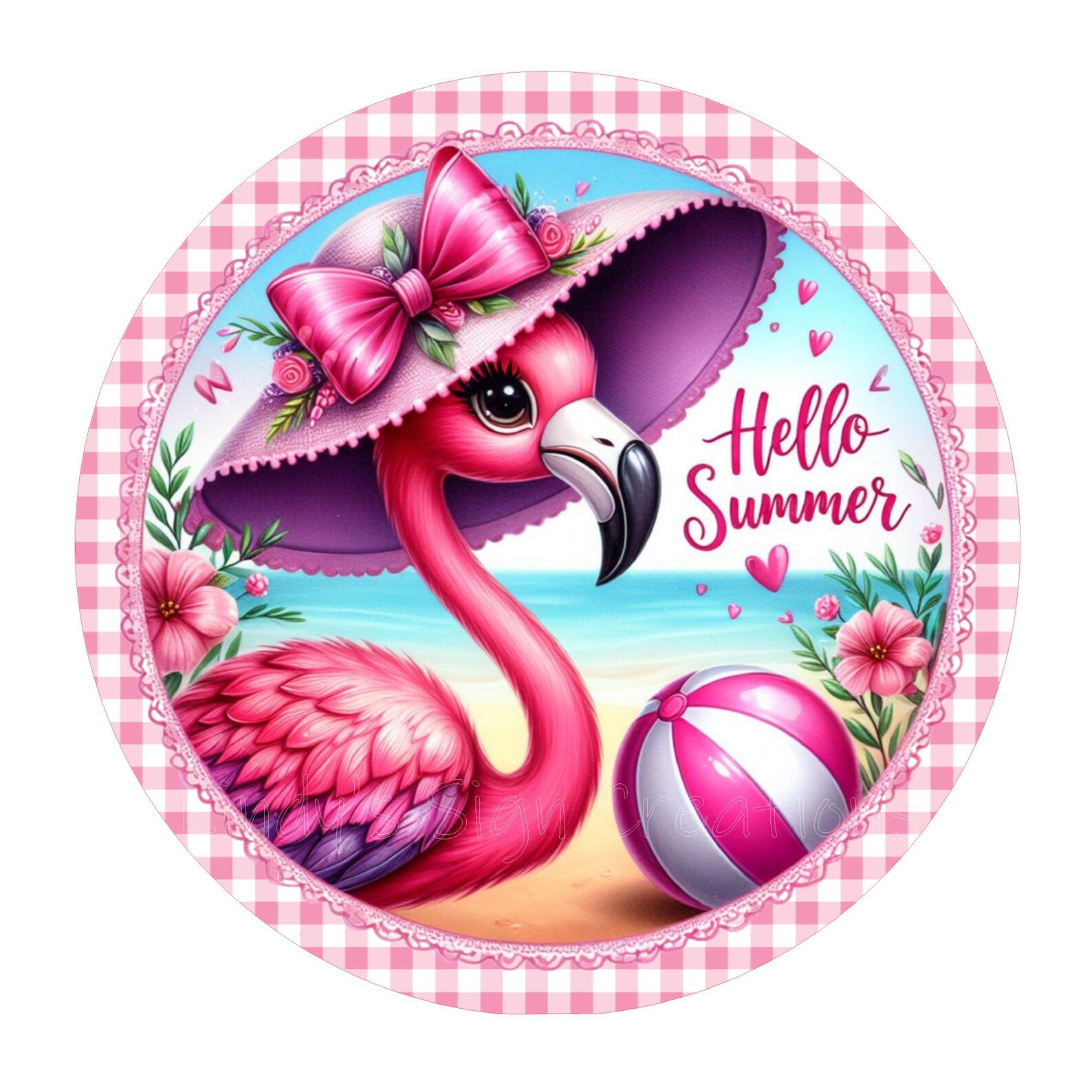 Pink Flamingo Hello Summer Wreath Sign, Metal Wreath Sign, Round Wreath ...