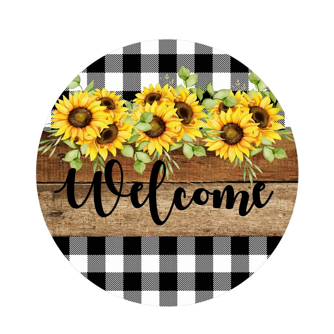 Round Buffalo Plaid Sunflower Welcome Sign, Wreath Sign, Wreath ...