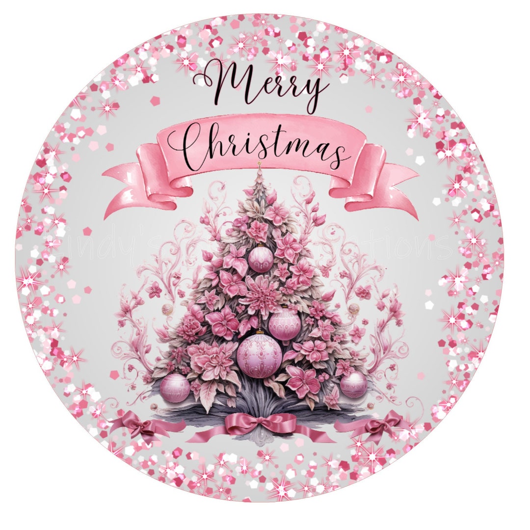Pink Christmas Tree Wreath Sign, Merry Christmas Wreath Sign, Round ...