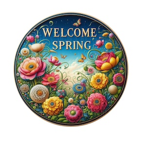 Welcome Spring Floral Wreath Sign, Metal Wreath Sign, Round Wreath Sign ...