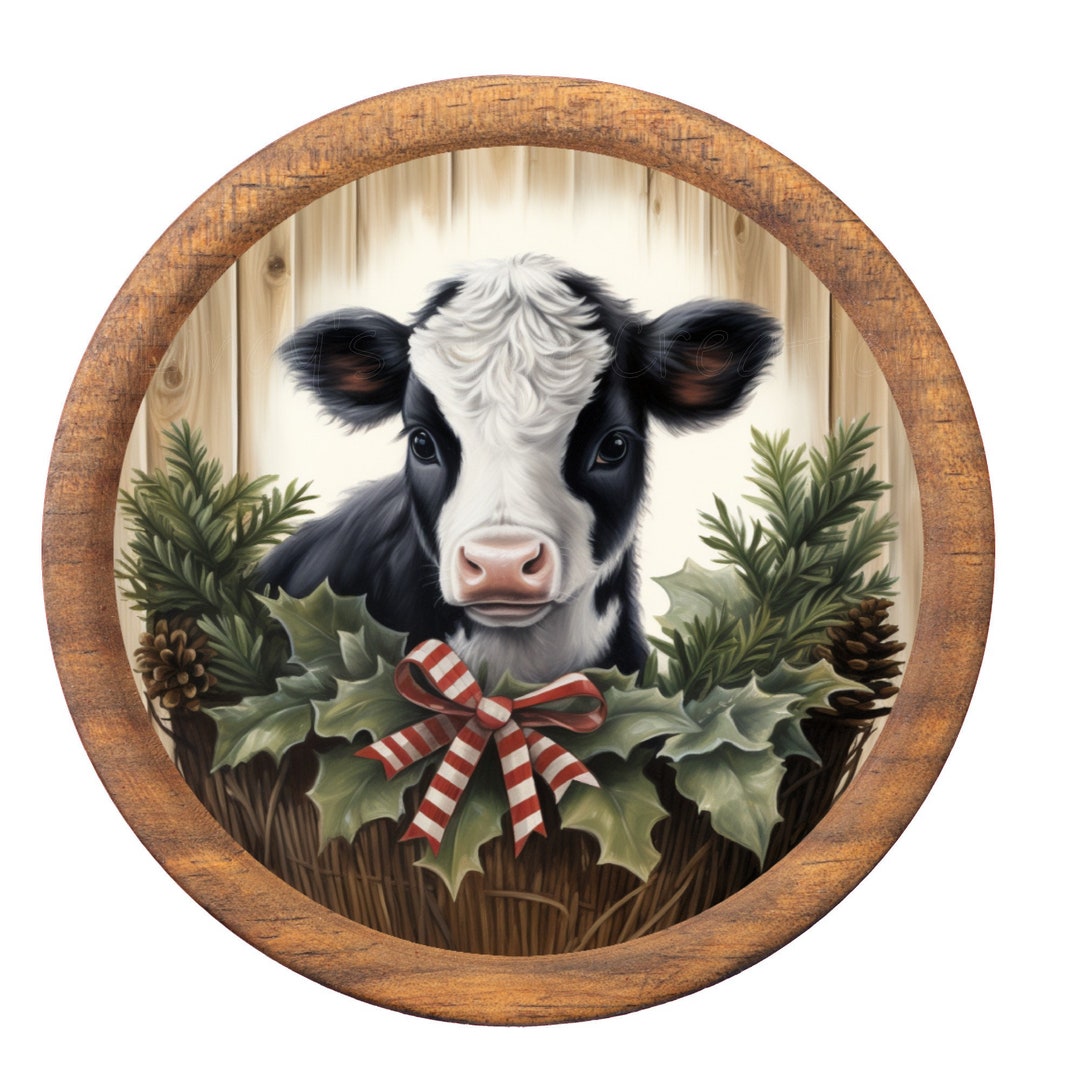 Cute Christmas Cow Wreath Sign, Metal Wreath Sign, Round Wreath Sign ...
