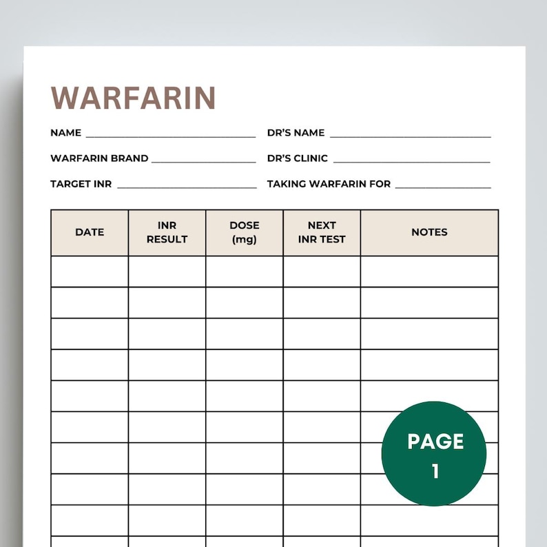 Warfarin Medication Tracker Log Sheet Printable INR Log Medication ...