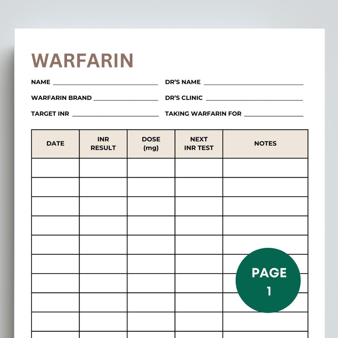 Warfarin Medication Tracker Log Sheet Printable INR Log Medication ...