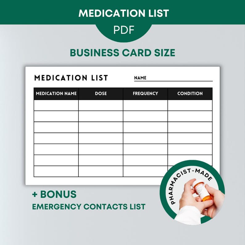 Printable Medication List | Business Card Sized | Medication Tracker ...