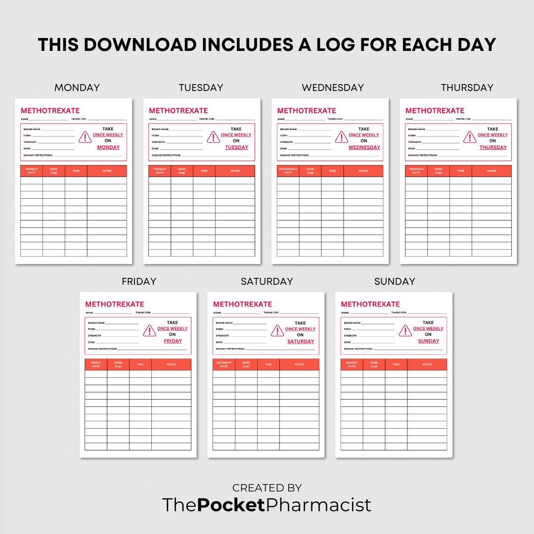 Methotrexate Weekly Dose Log Printable | Medication Tracker ...