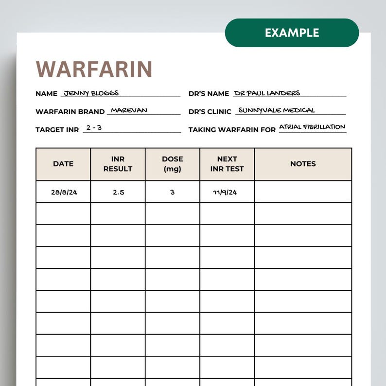 Warfarin Medication Tracker Log Sheet Printable INR Log Medication ...