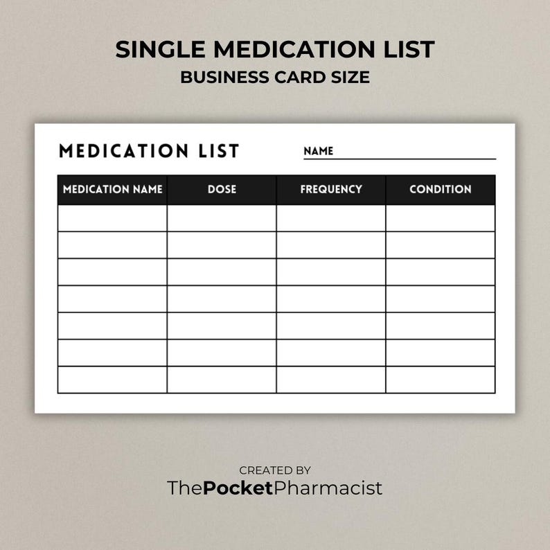 Printable Medication List | Business Card Sized | Medication Tracker ...