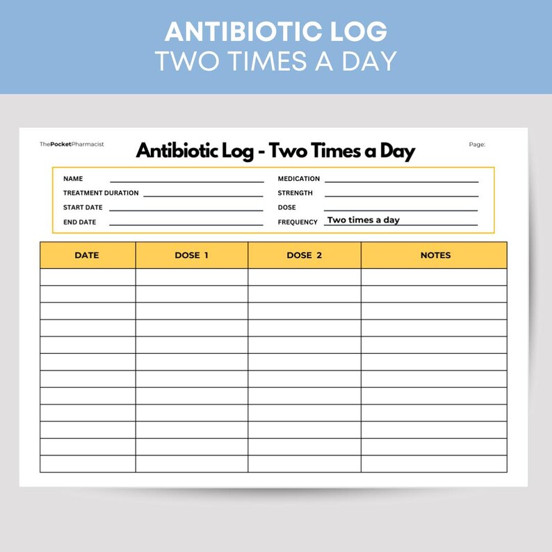Antibiotic Log Printable Two Times A Day Medication Tracker Twice Daily ...