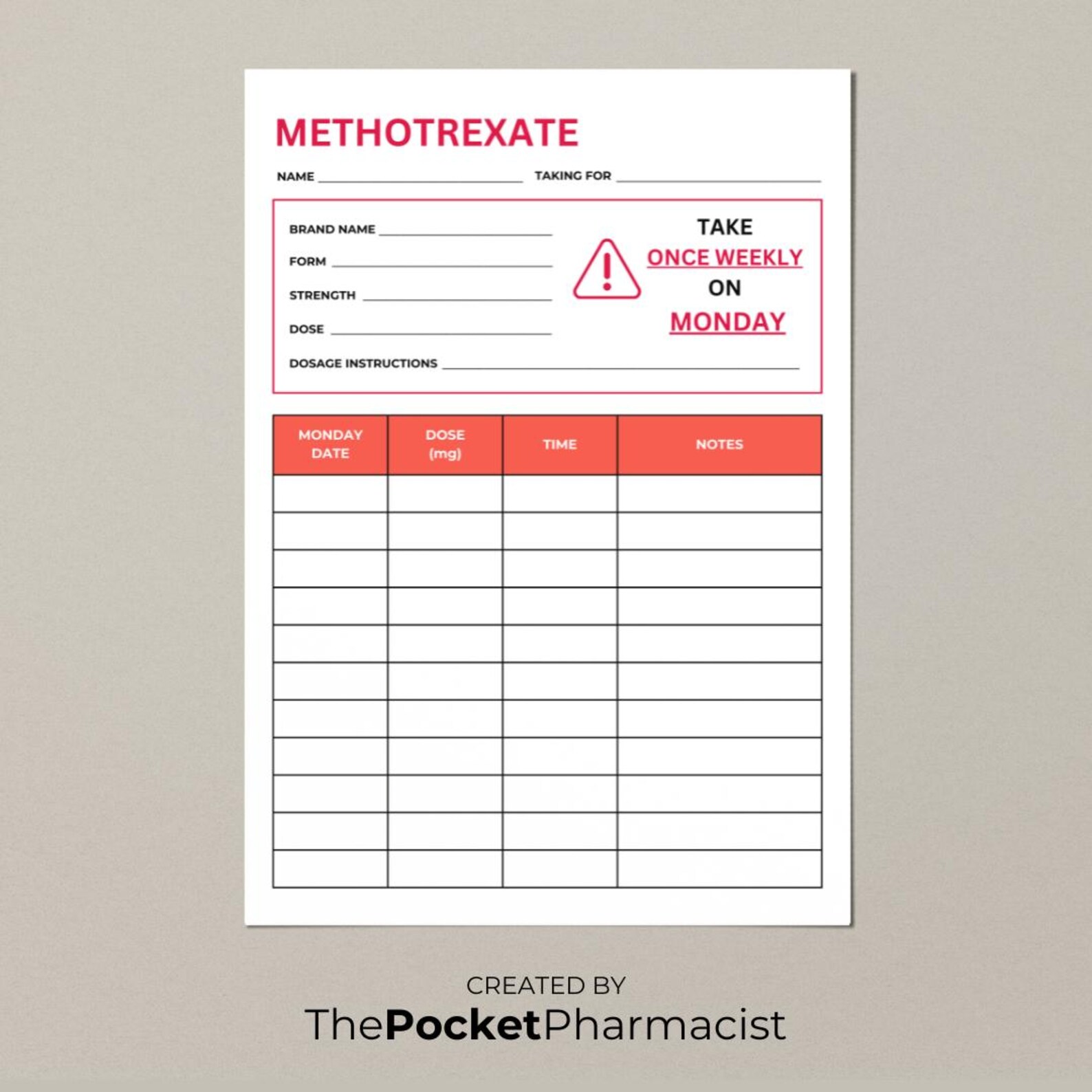 Methotrexate Weekly Dose Log Printable Medication Tracker Methotrexate ...