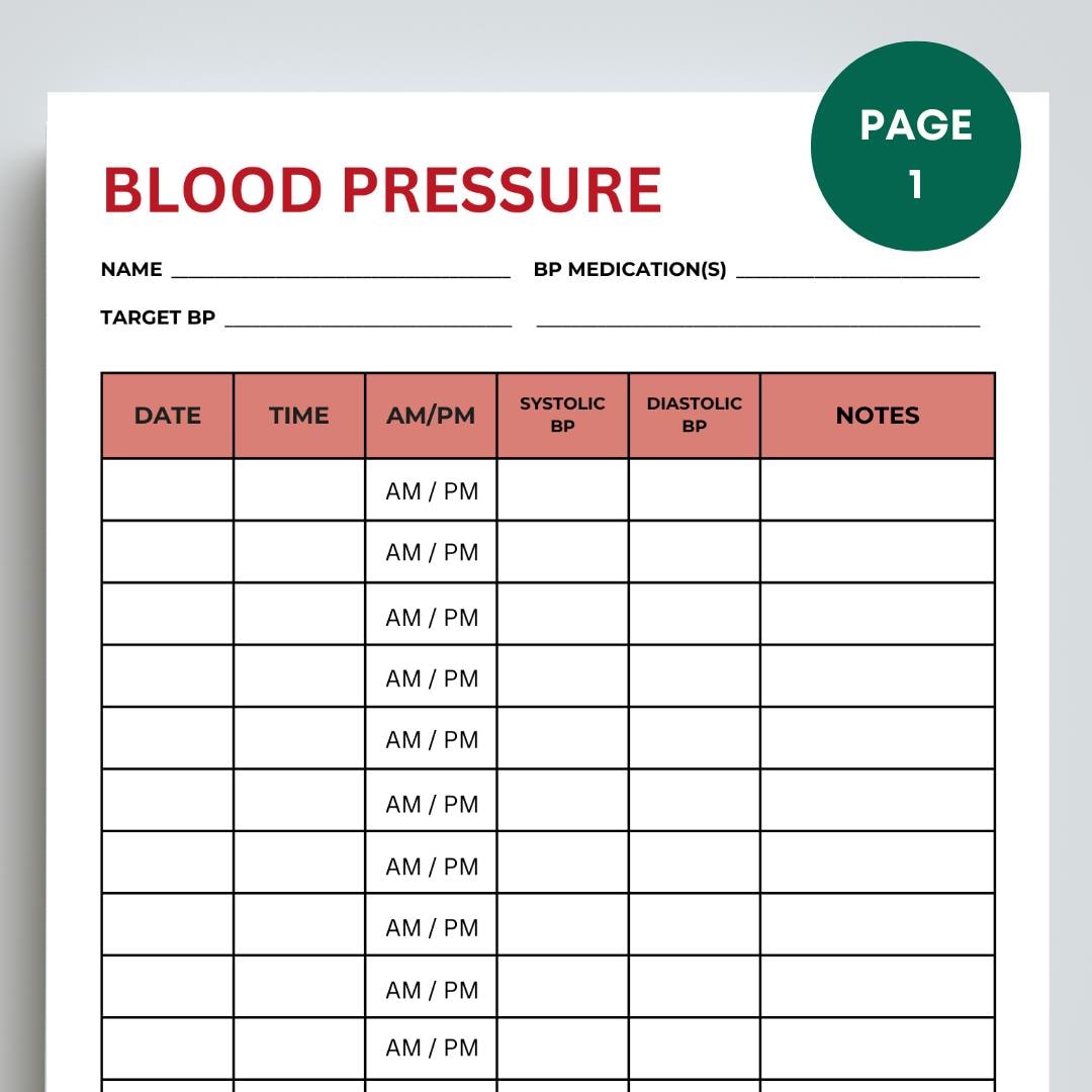 Blood Pressure Log Printable Health Tracker Blood Pressure Journal ...