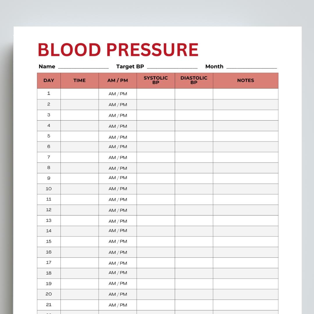 Monthly Blood Pressure Log Printable Blood Pressure Tracker Monitoring ...