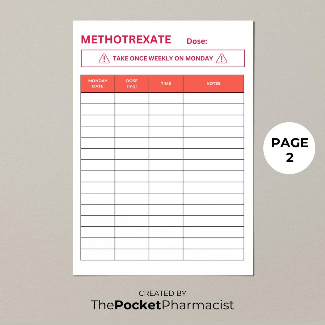 Methotrexate Weekly Dose Log Printable | Medication Tracker ...