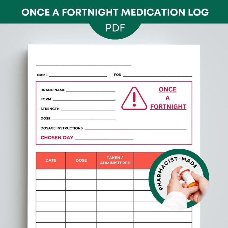 Once a Fortnight Dosing Log Printable | Biweekly Medication Tracker ...