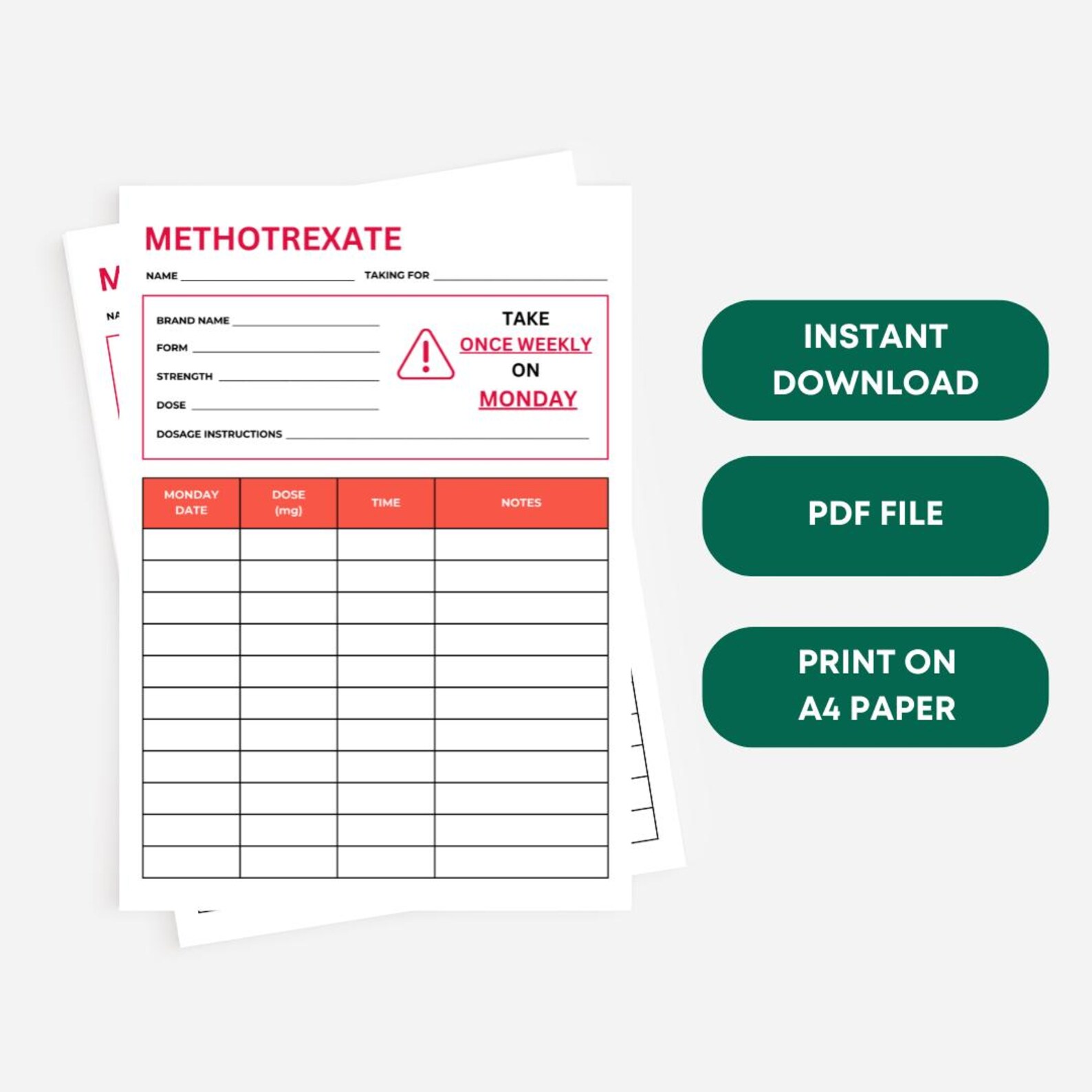 Methotrexate Weekly Dose Log Printable | Medication Tracker ...