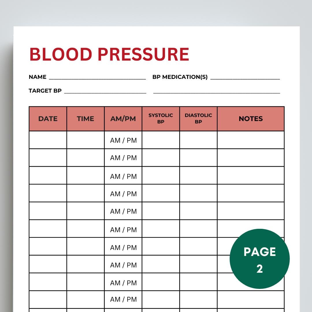 Blood Pressure Log Printable Health Tracker Blood Pressure Journal ...
