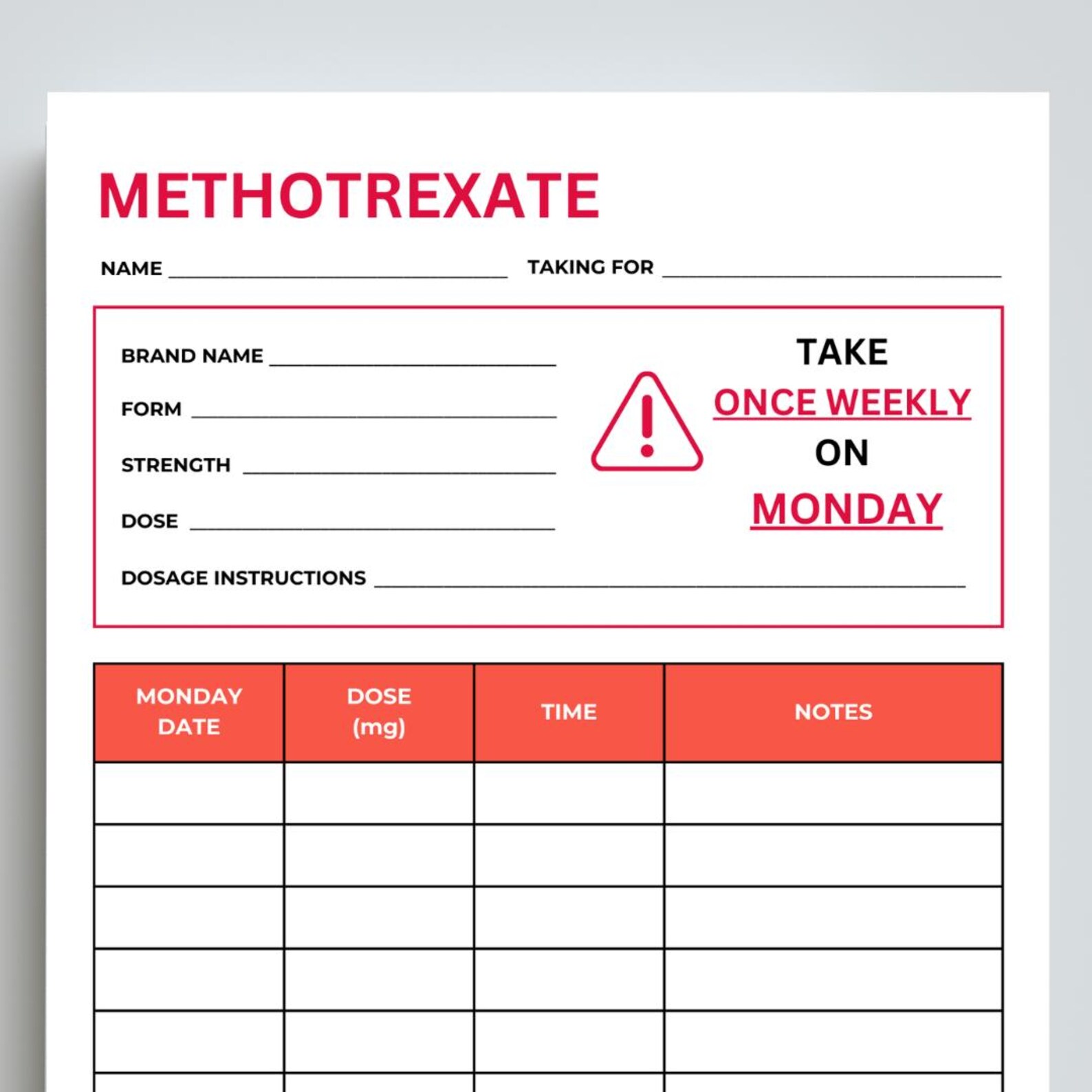 Methotrexate Weekly Dose Log Printable | Medication Tracker ...