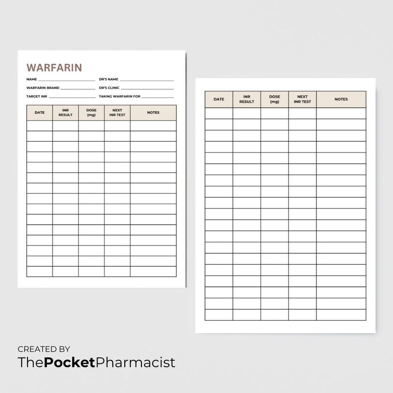 Warfarin Medication Tracker Log Sheet Printable INR Log Medication ...