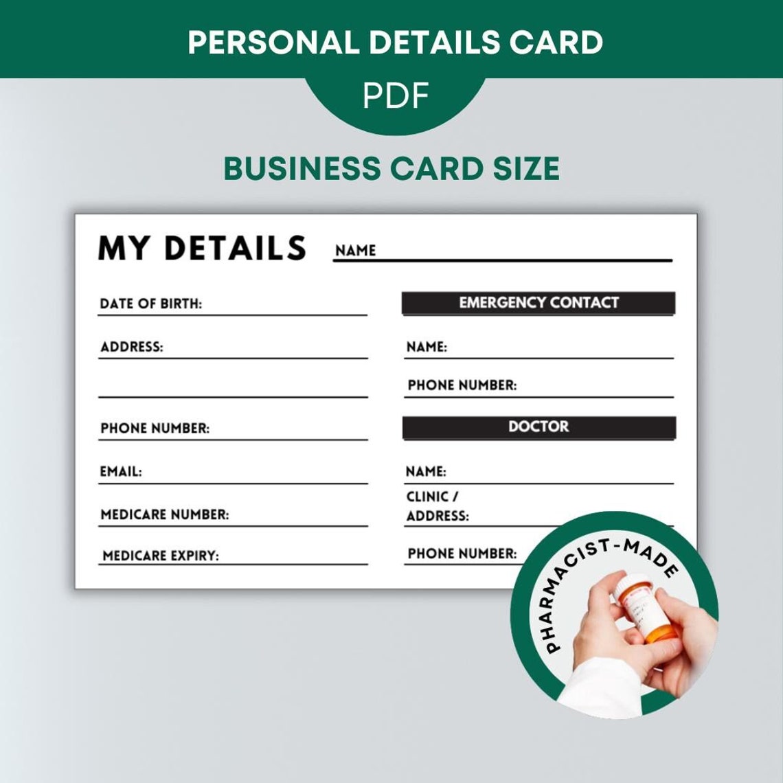 Personal Details Printable Business Card Important Personal Information ...