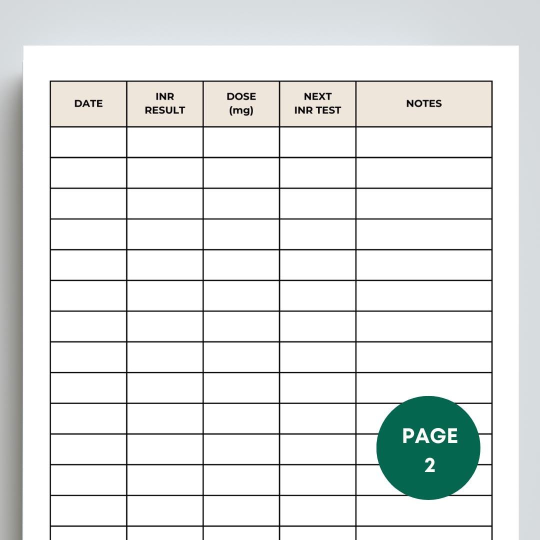 Warfarin Medication Tracker Log Sheet Printable INR Log Medication ...