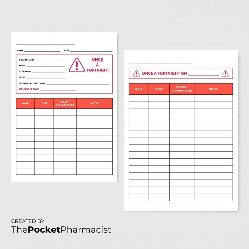 Once a Fortnight Dosing Log Printable | Biweekly Medication Tracker ...