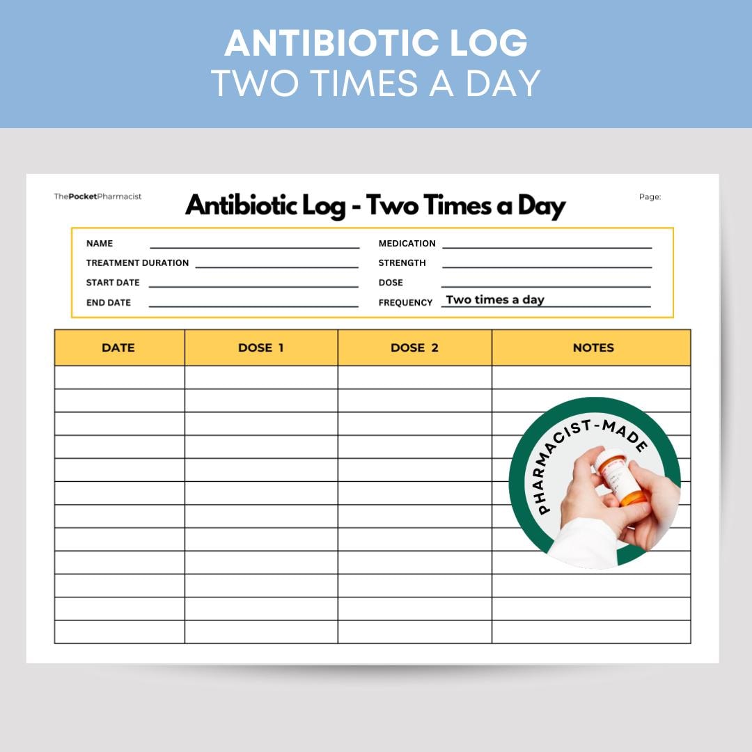 Antibiotic Log Printable Two Times A Day Medication Tracker Twice Daily Medicine Schedule Sheet ...