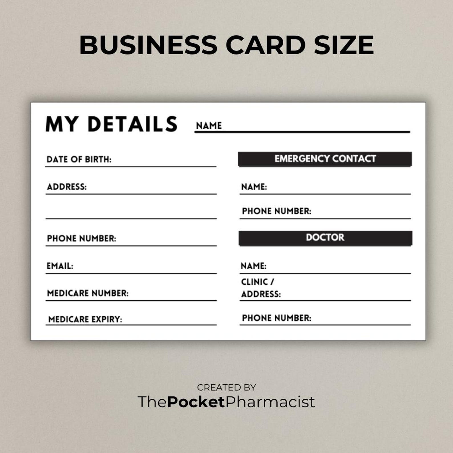 Personal Details Printable Business Card Important Personal Information ...