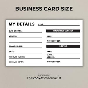Personal Details Printable Business Card Important Personal Information ...