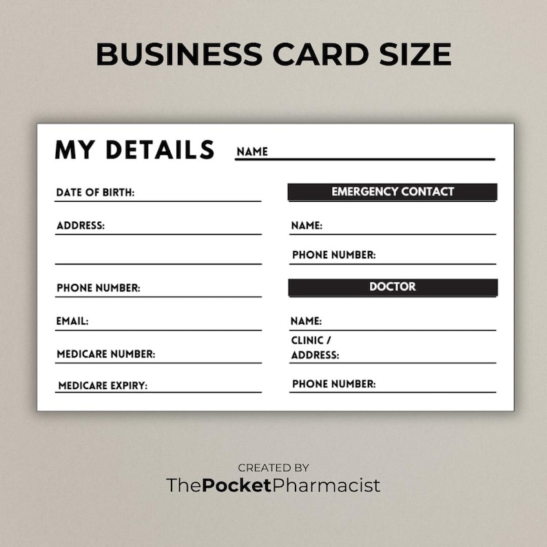 Personal Details Printable Business Card Important Personal Information ...
