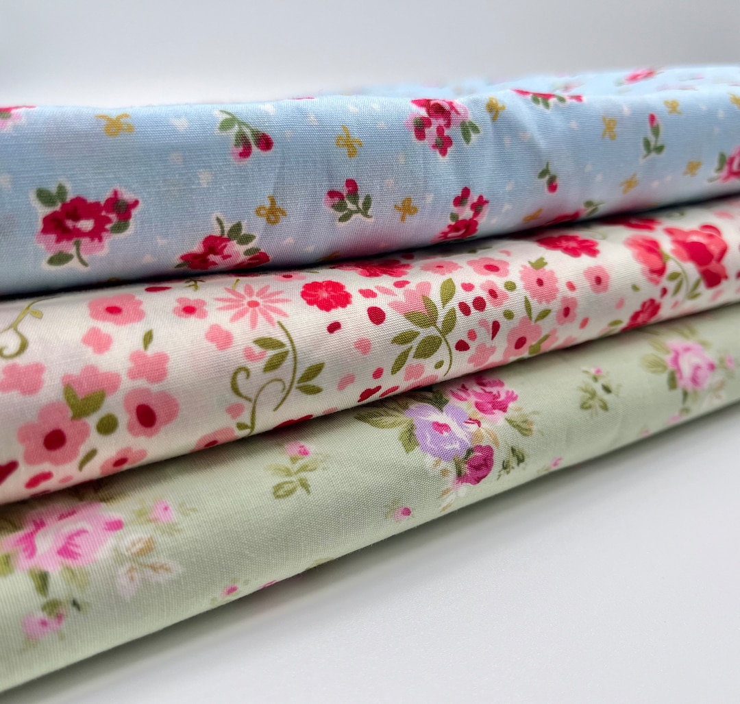 Floral Pink Rose 100% Cotton Fabric, Sky Blue Floral, Light Green ...
