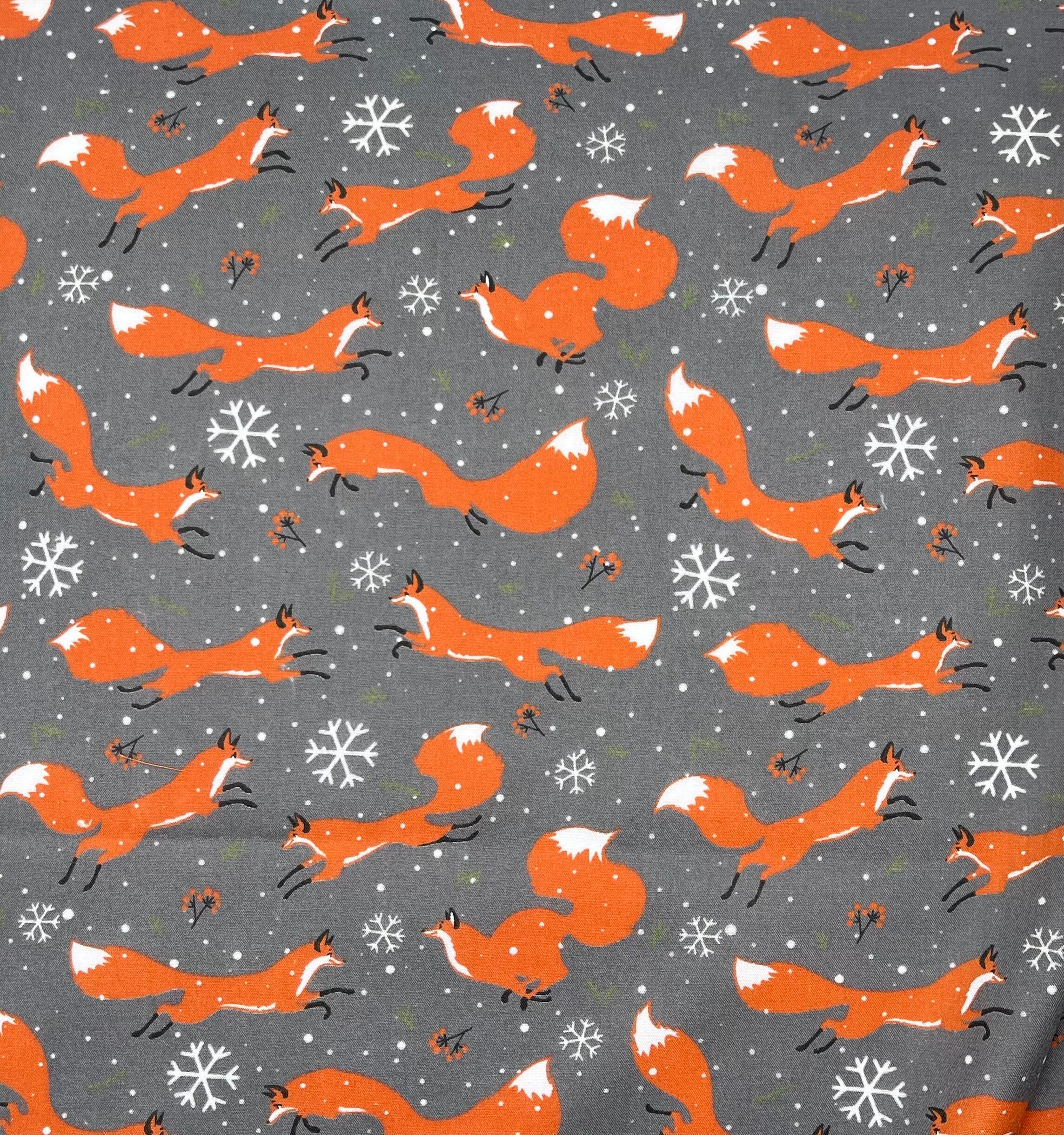 Christams Fox Fabric, Grey Fox Fabirc, Orange Fox, Festive Fabric, Half ...